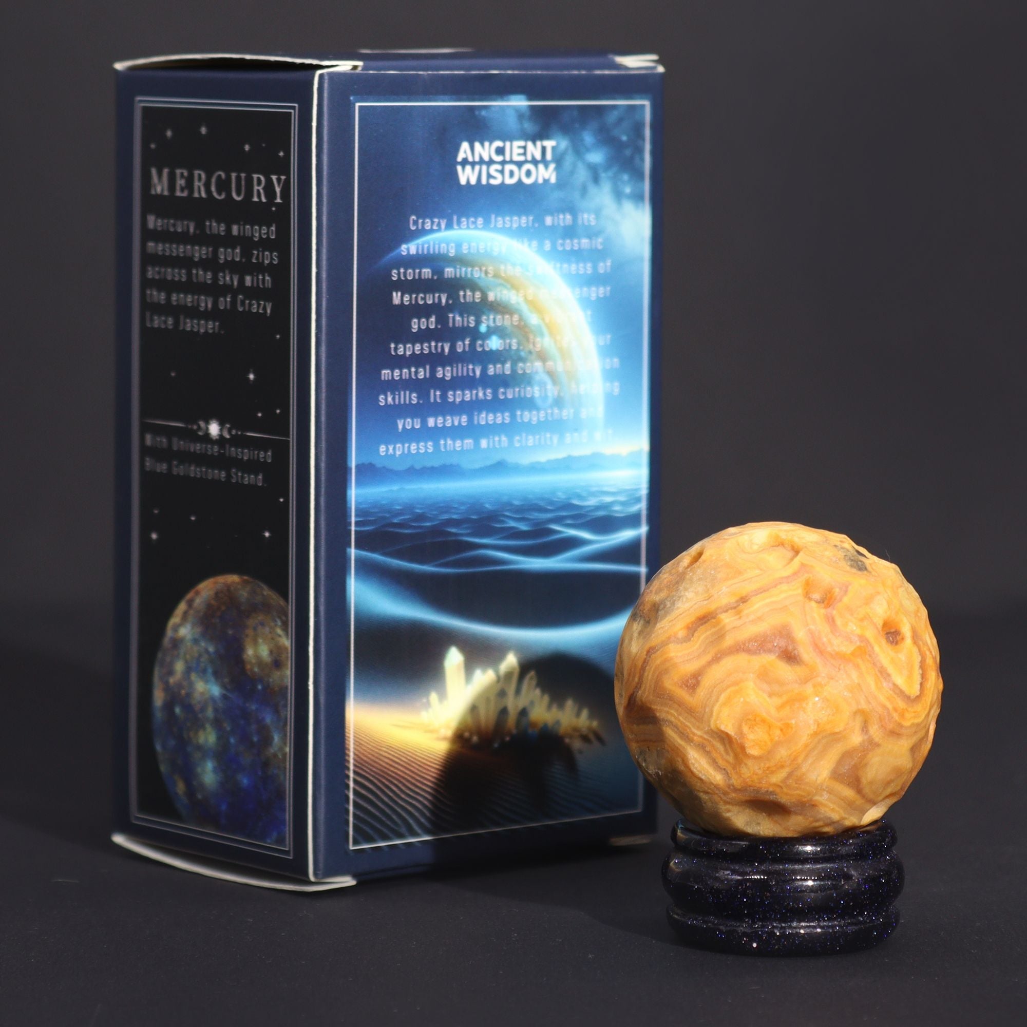 Crazy Lace Jasper Planet on a Sola Goldstone Stand (MERCURY) Gemstone ...
